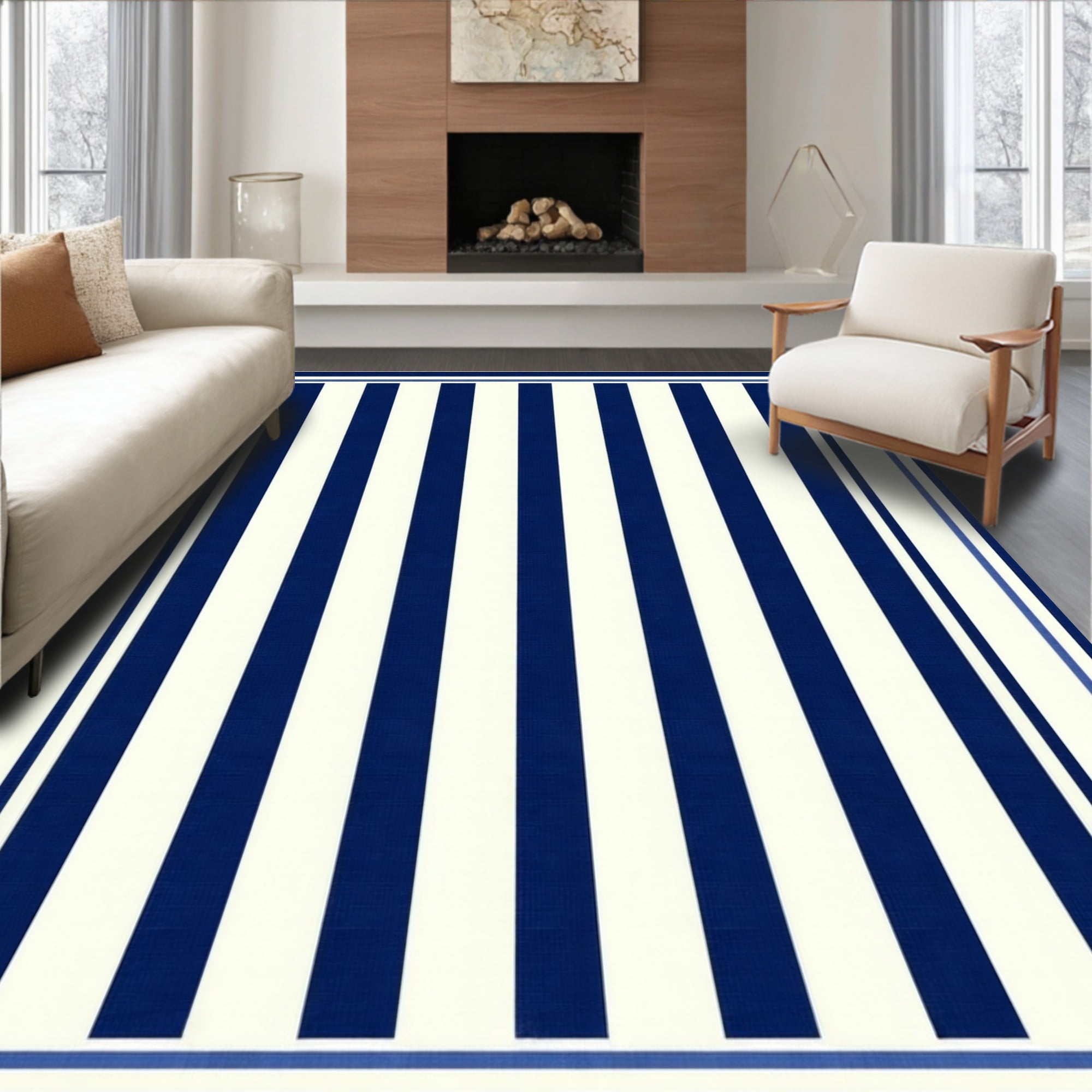 Flatwoven High Traffic Area Rug, Simple Navy & Cream Line, Non Slip ...