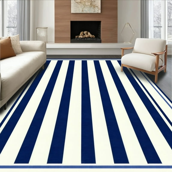 Flatwoven High Traffic Area Rug, Simple Navy & Cream Line, Non Slip ...