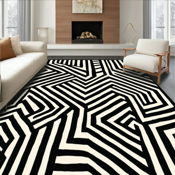 Flatwoven High Traffic Area Rug, Sleek Black and Cream Abstract Animal ...