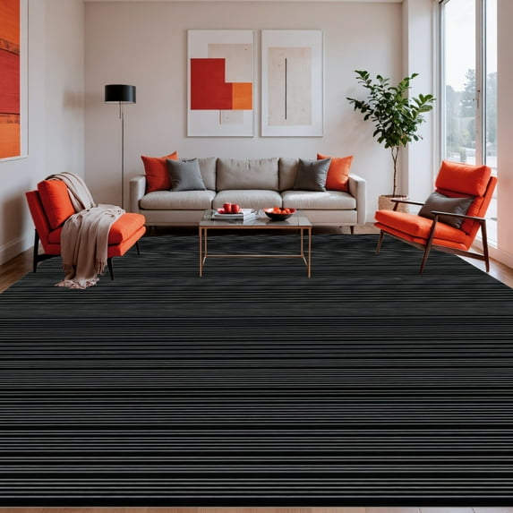 Flatwoven High Traffic Area Rug, Sleek Black Runner with Linear Stripes ...
