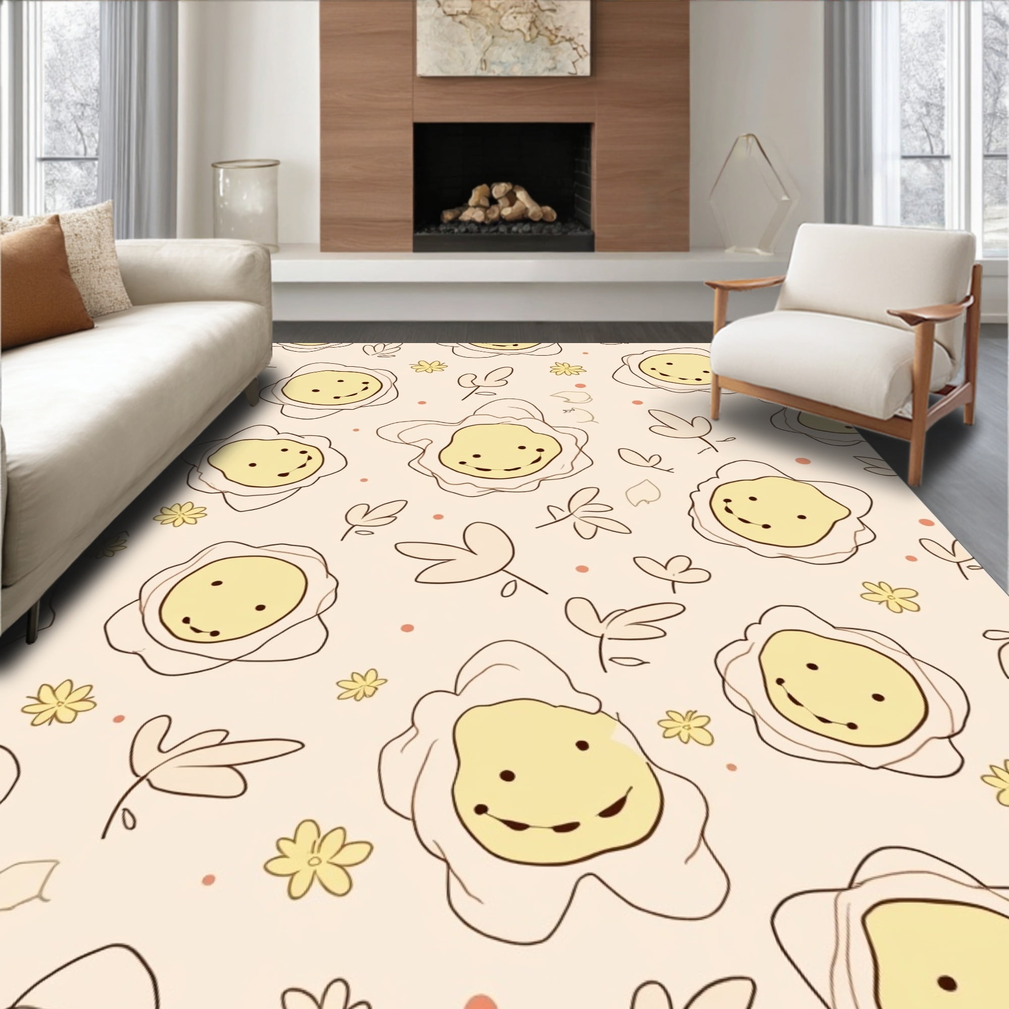 Flatwoven High Traffic Area Rug, Smiling Faces and Botanical Elements ...