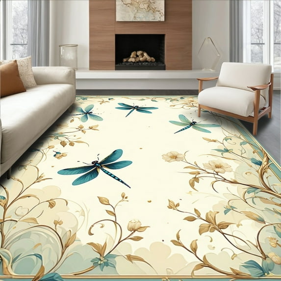 Flatwoven High Traffic Area Rug, Spring Dragonfly Harmony with Ornate ...