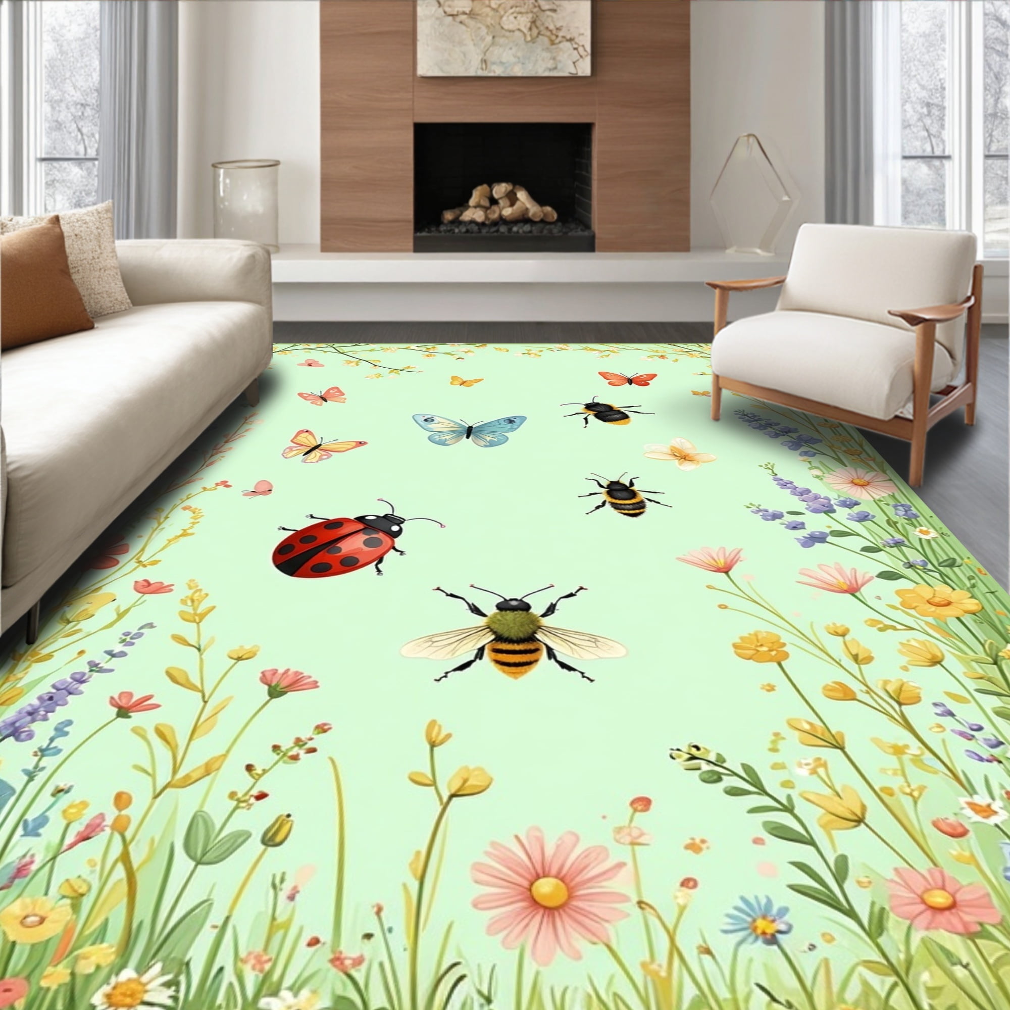 Flatwoven High Traffic Area Rug, Spring Meadow Insect Collection With ...