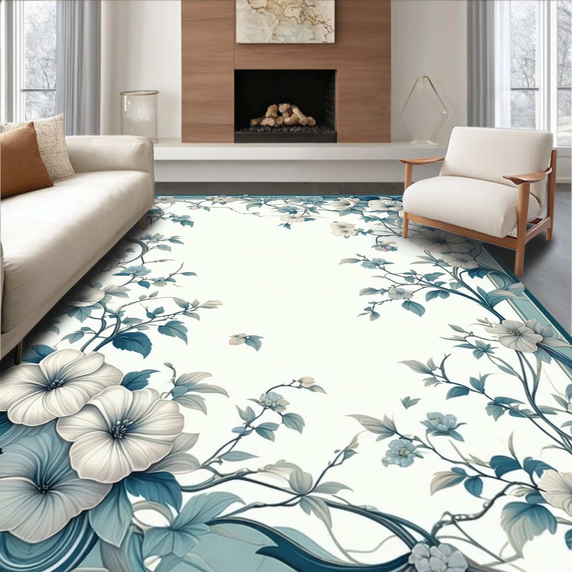 Flatwoven High Traffic Area Rug, Stylish Floral Motif in Teal and Light ...