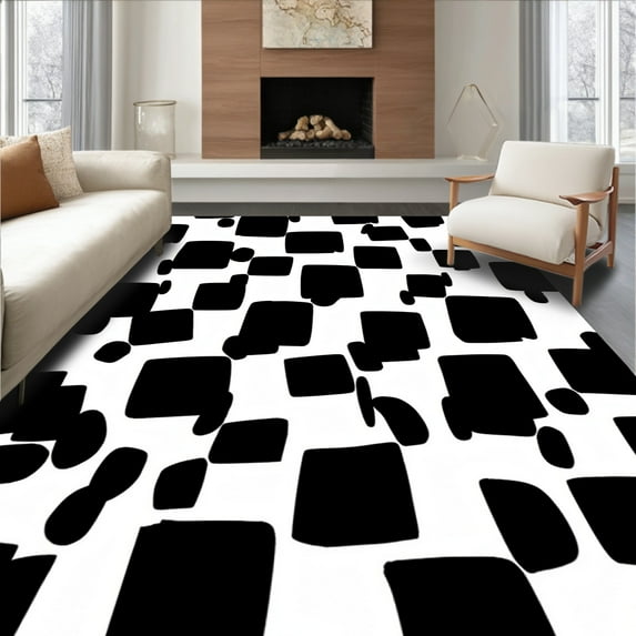 Flatwoven High Traffic Area Rug, Stylized Black Spot Cluster with White ...