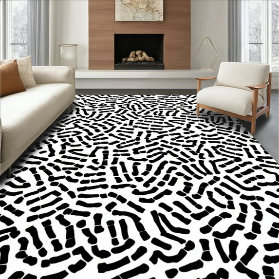 Flatwoven High Traffic Area Rug, Stylized Black and White Interlocking ...