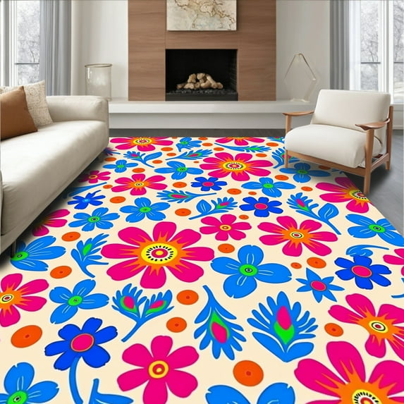 Flatwoven High Traffic Area Rug, Stylized Floral Motifs in a Playful ...