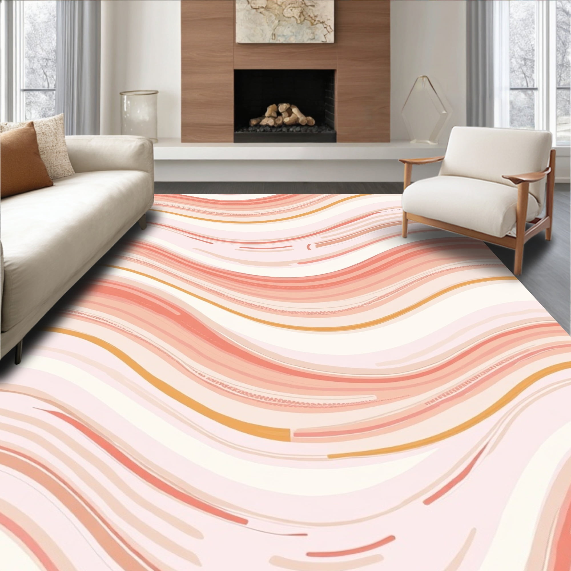 Flatwoven High Traffic Area Rug, Subtle Ombre Waves Blending Light Pink ...