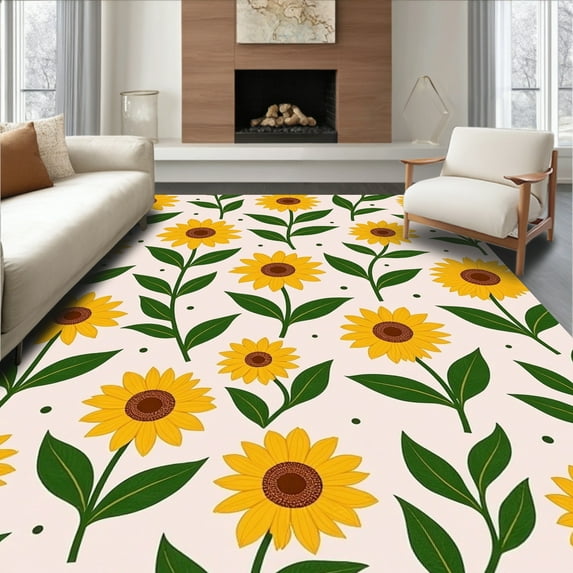 Flatwoven High Traffic Area Rug, Sunflower Bloom with Whimsical Leafy ...