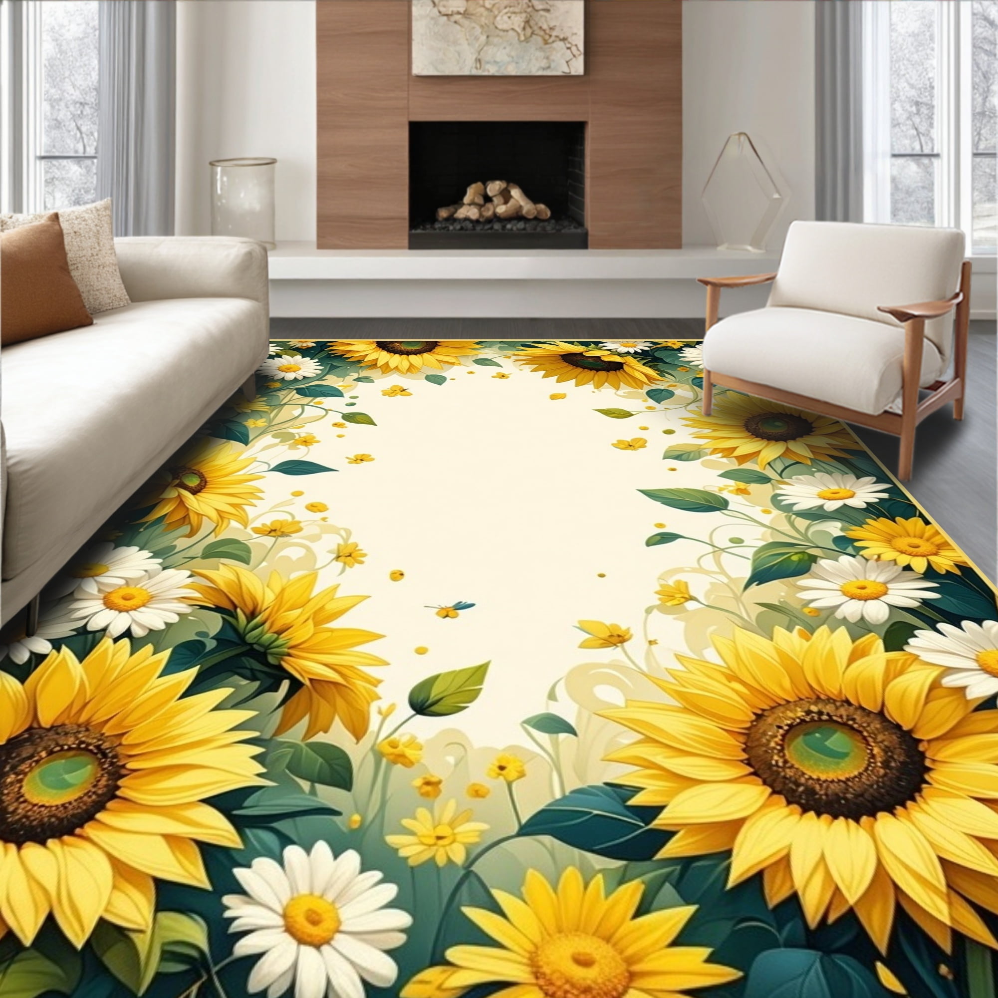 Flatwoven High Traffic Area Rug, Sunflower and Daisy Garden with ...