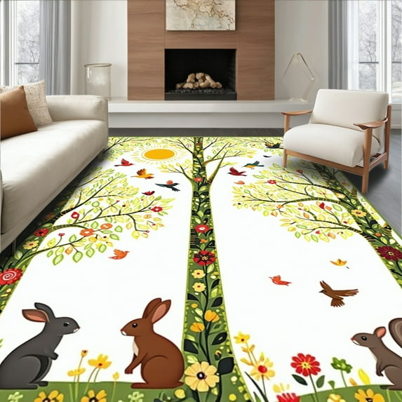 Flatwoven High Traffic Area Rug, Sunny Garden Adventure With Trees and ...
