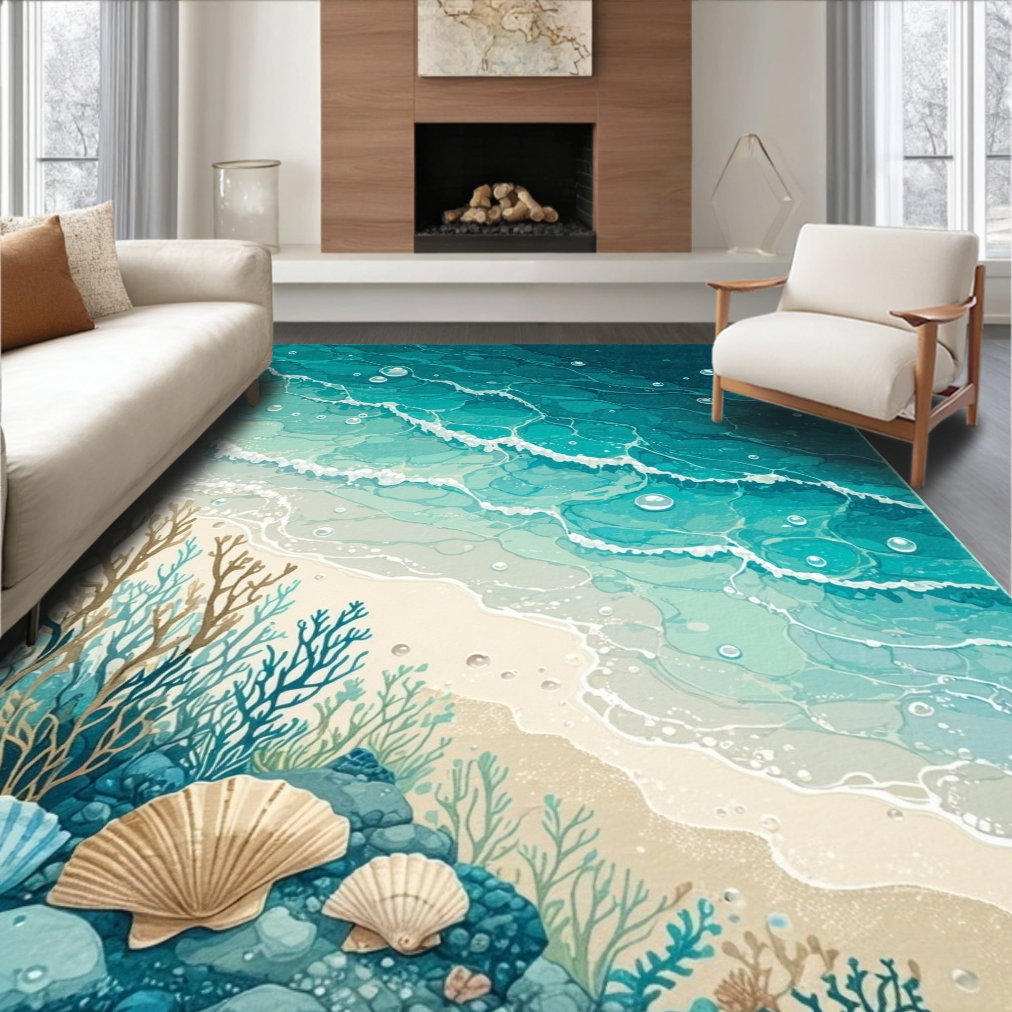 Flatwoven High Traffic Area Rug, Tide Pool Shells with Delicate Seaweed ...