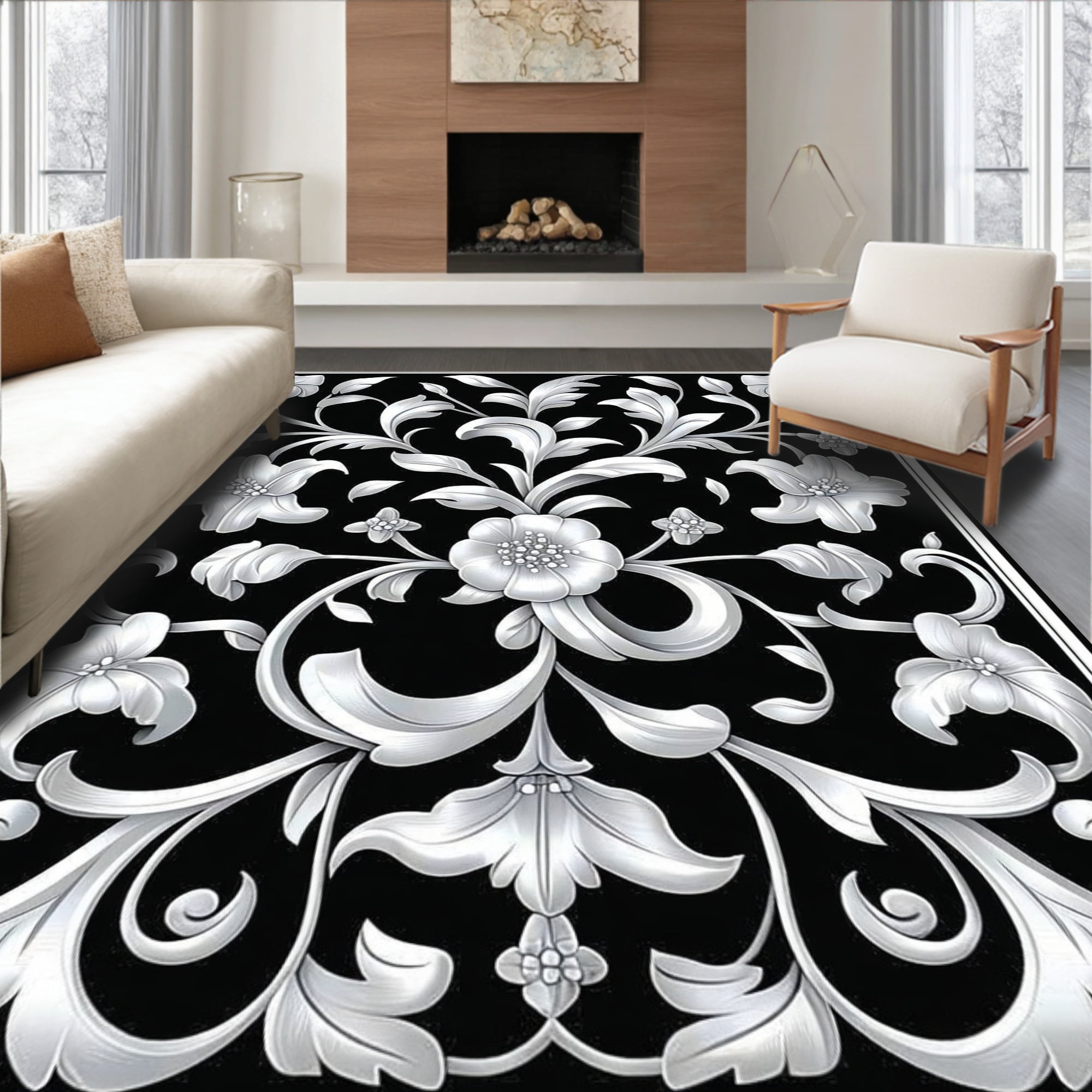 Flatwoven High Traffic Area Rug, Timeless Baroque Floral Swirls with ...