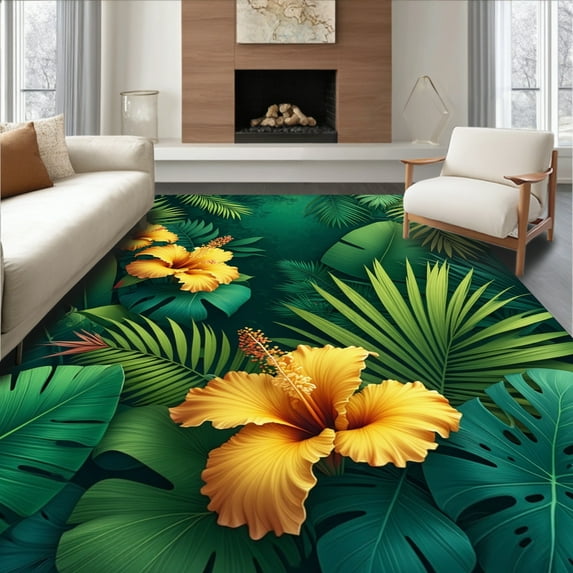 Flatwoven High Traffic Area Rug, Tropical Bloom Abundance, Non Slip ...