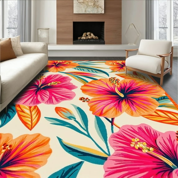 Flatwoven High Traffic Area Rug, Tropical Floral Motif Floor Covering ...