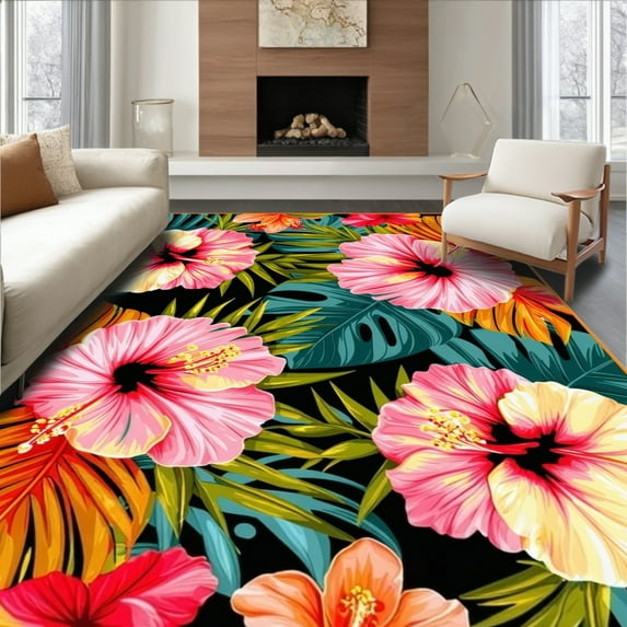 Flatwoven High Traffic Area Rug, Tropical Floral Runner Design, Non ...