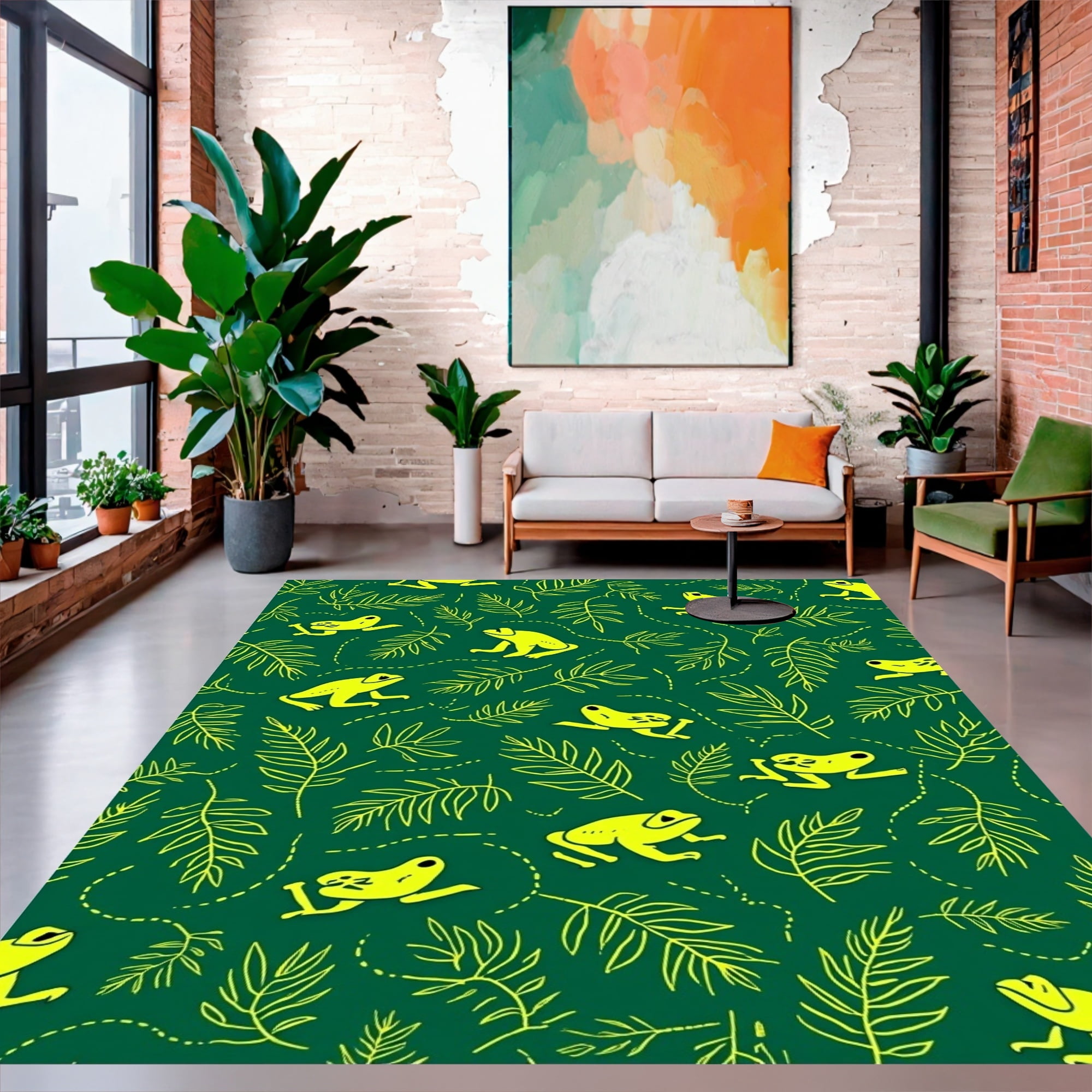 Flatwoven High Traffic Area Rug, Tropical Frog and Fern Design with ...