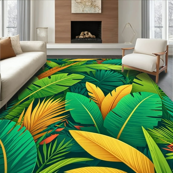 Flatwoven High Traffic Area Rug, Tropical Jungle, Non Slip, Stain ...