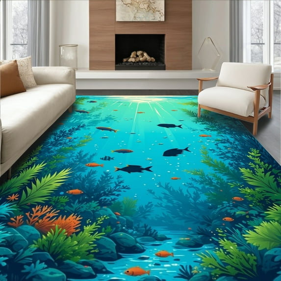 Flatwoven High Traffic Area Rug, Tropical Marine Life Silhouettes with ...