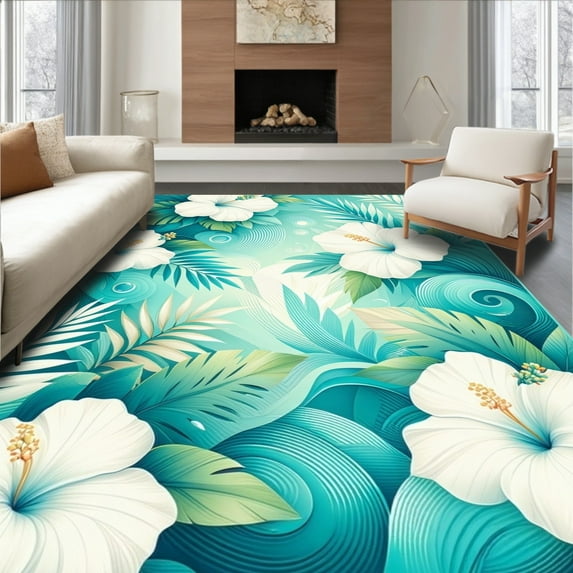 Flatwoven High Traffic Area Rug, Tropical Oasis Floral Abstract Design ...