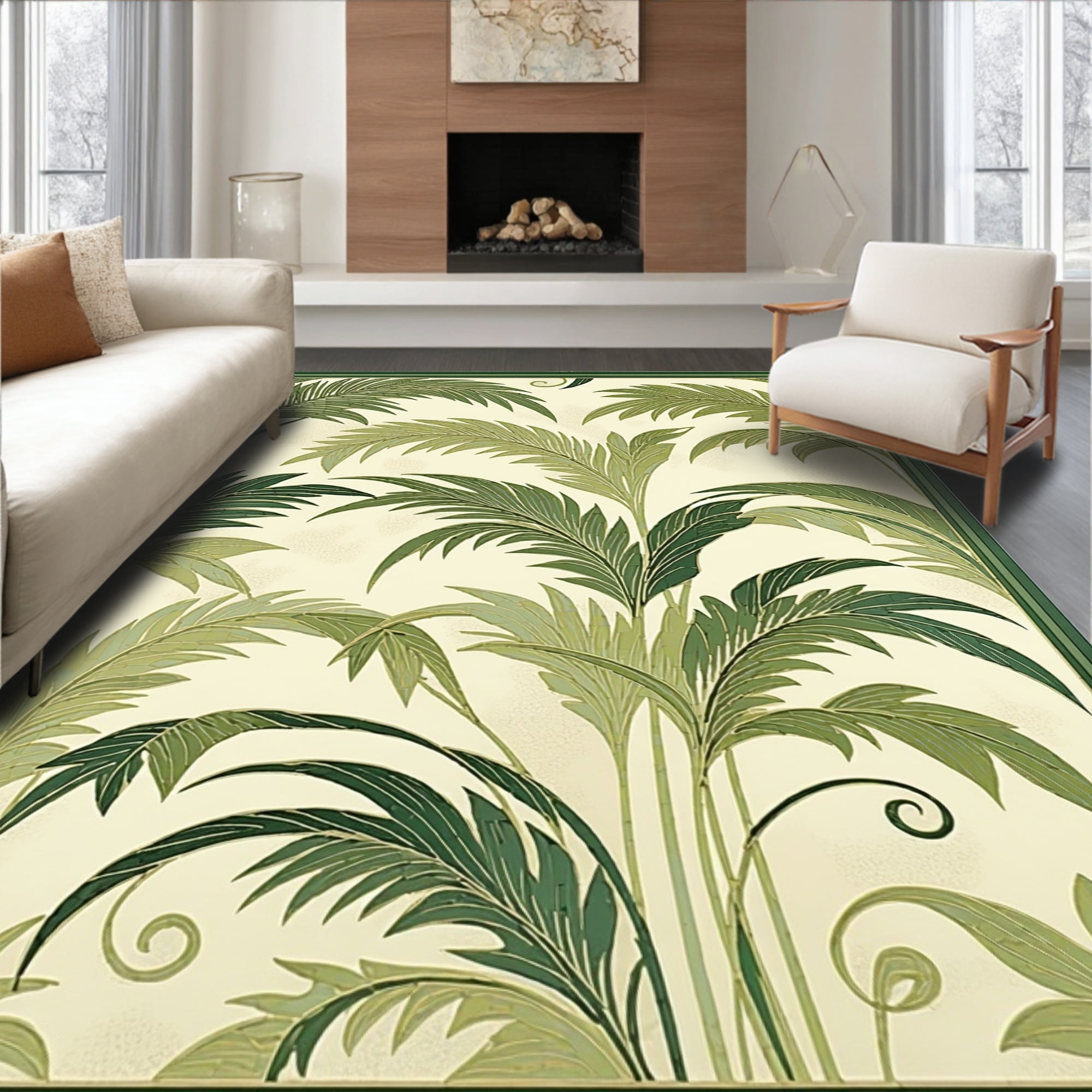 Flatwoven High Traffic Area Rug, Tropical Palm Frond Mosaic with Art ...