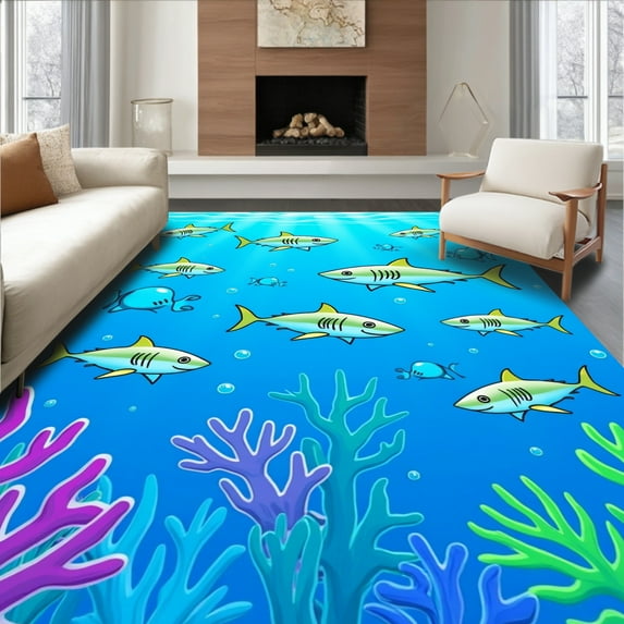 Flatwoven High Traffic Area Rug, Underwater Adventure Shark Family ...