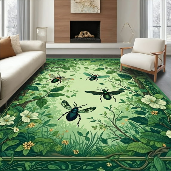 Flatwoven High Traffic Area Rug, Verdant Beetle & Bloom Artwork, Non ...