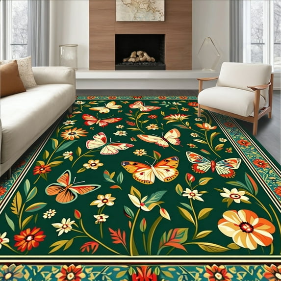 Flatwoven High Traffic Area Rug, Verdant Flutter Insect Garden Art Deco ...