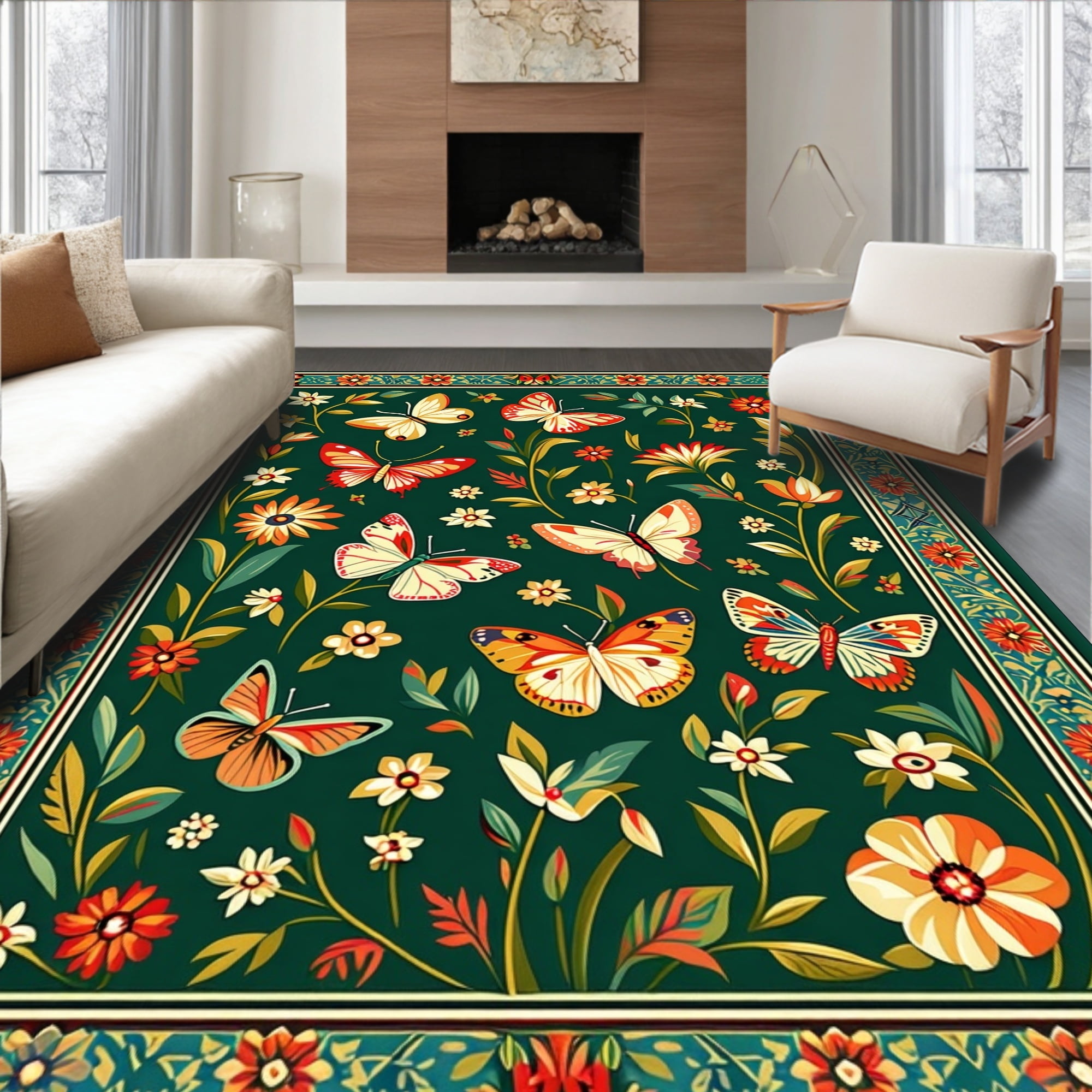 ODIKA 8'x10' Machine Washable Non-Slip Area Rug, Verdant Flutter Insect ...