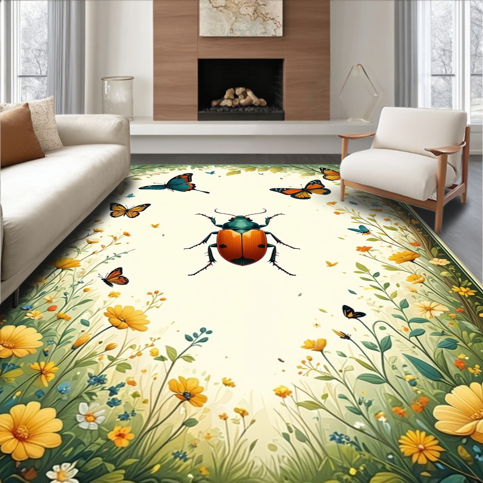 Flatwoven High Traffic Area Rug, Verdant Meadow Insect & Flora ...