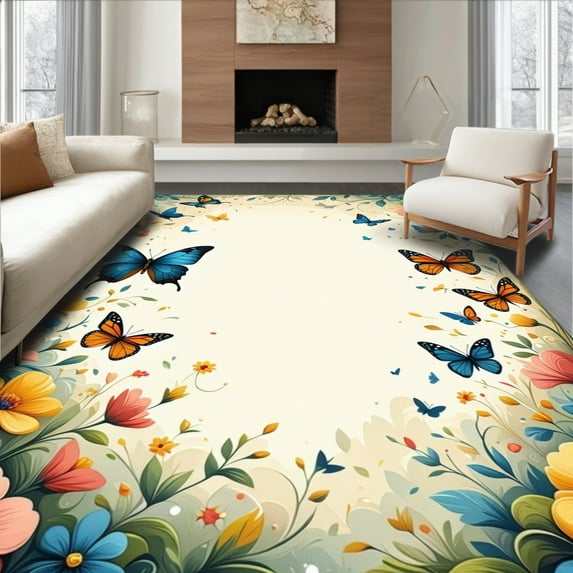 Flatwoven High Traffic Area Rug, Vibrant Butterfly Motif with Fresh ...