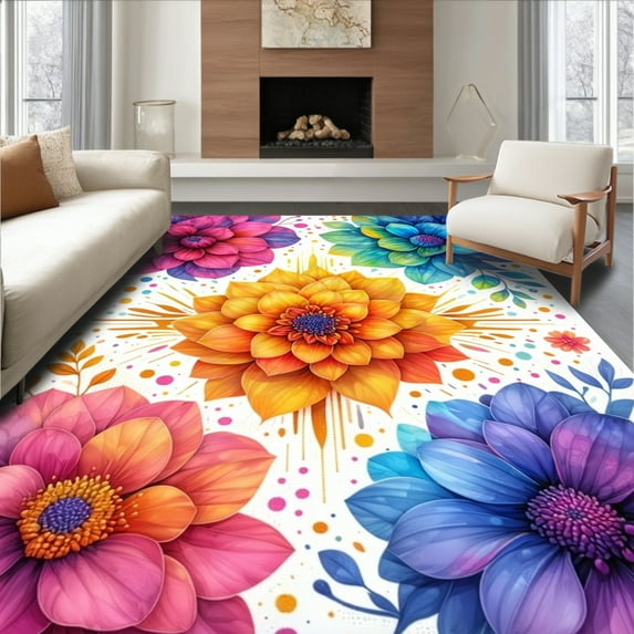 Flatwoven High Traffic Area Rug, Vibrant Dahlia Bloom Medallion with ...