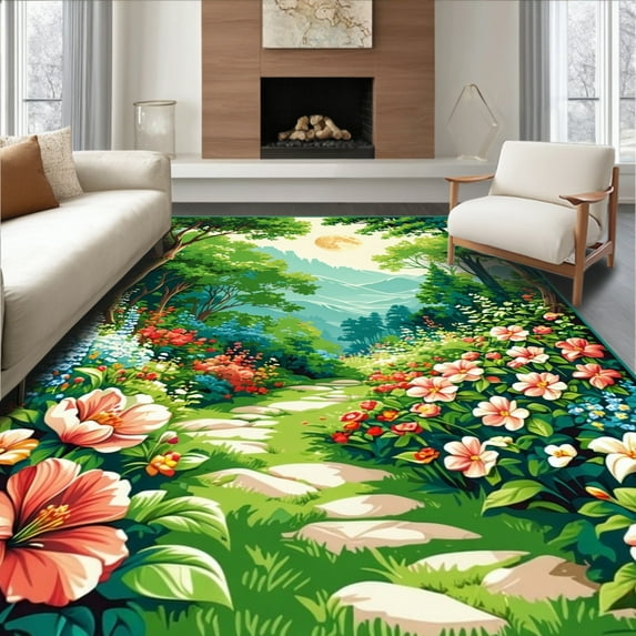 Flatwoven High Traffic Area Rug, Vibrant Garden Scene Featuring ...