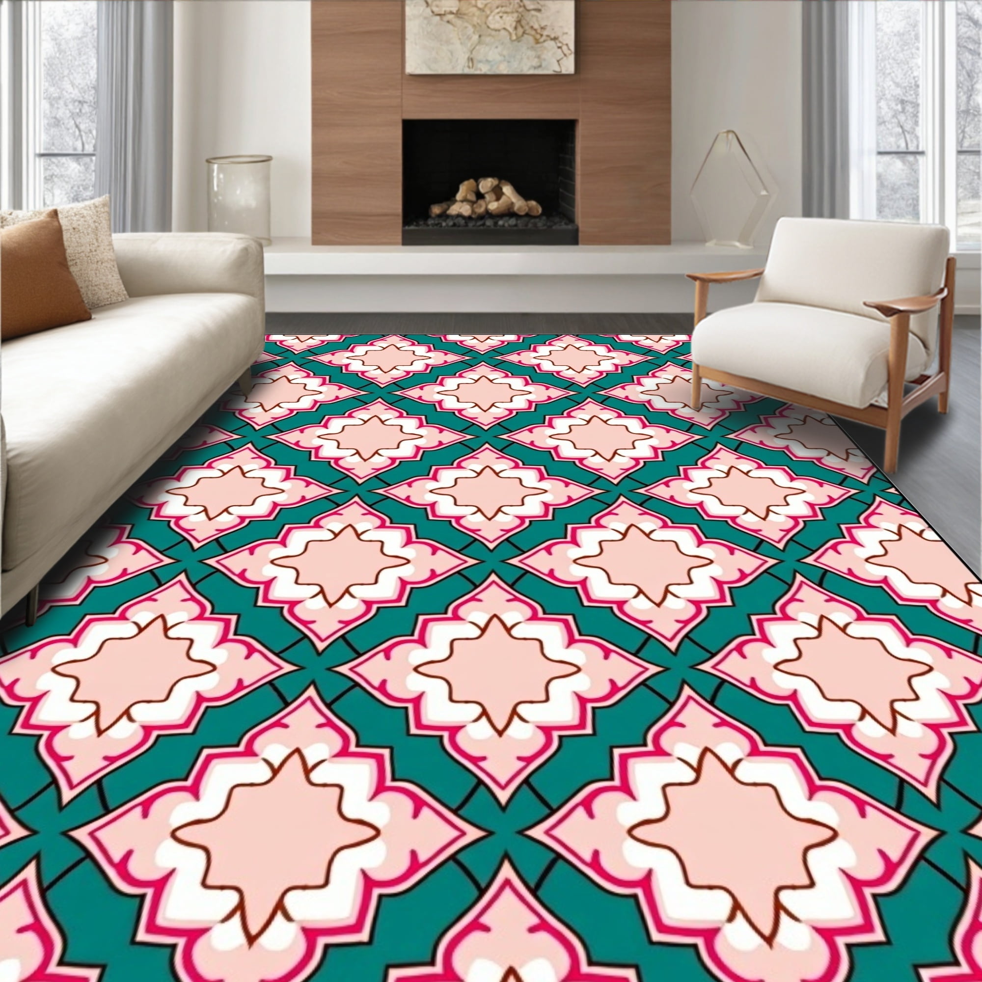 Flatwoven High Traffic Area Rug, Vibrant Interlocking Floral in Pink ...