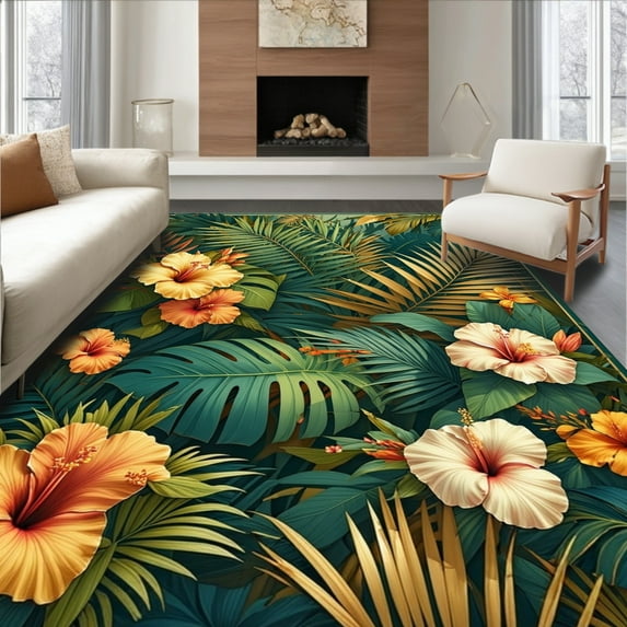 Flatwoven High Traffic Area Rug, Vibrant Jungle Bloom, Non Slip, Stain ...