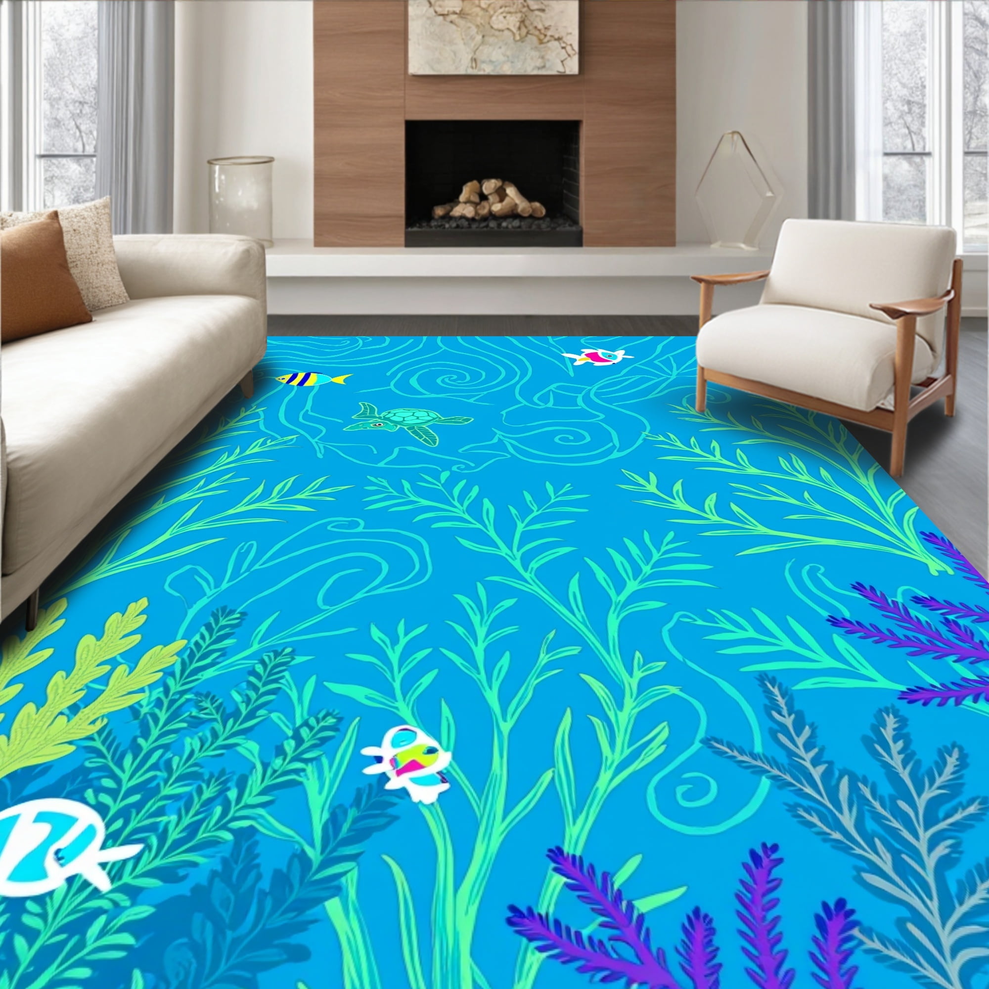Flatwoven High Traffic Area Rug, Vibrant Sea Turtle and Tropical Fish ...