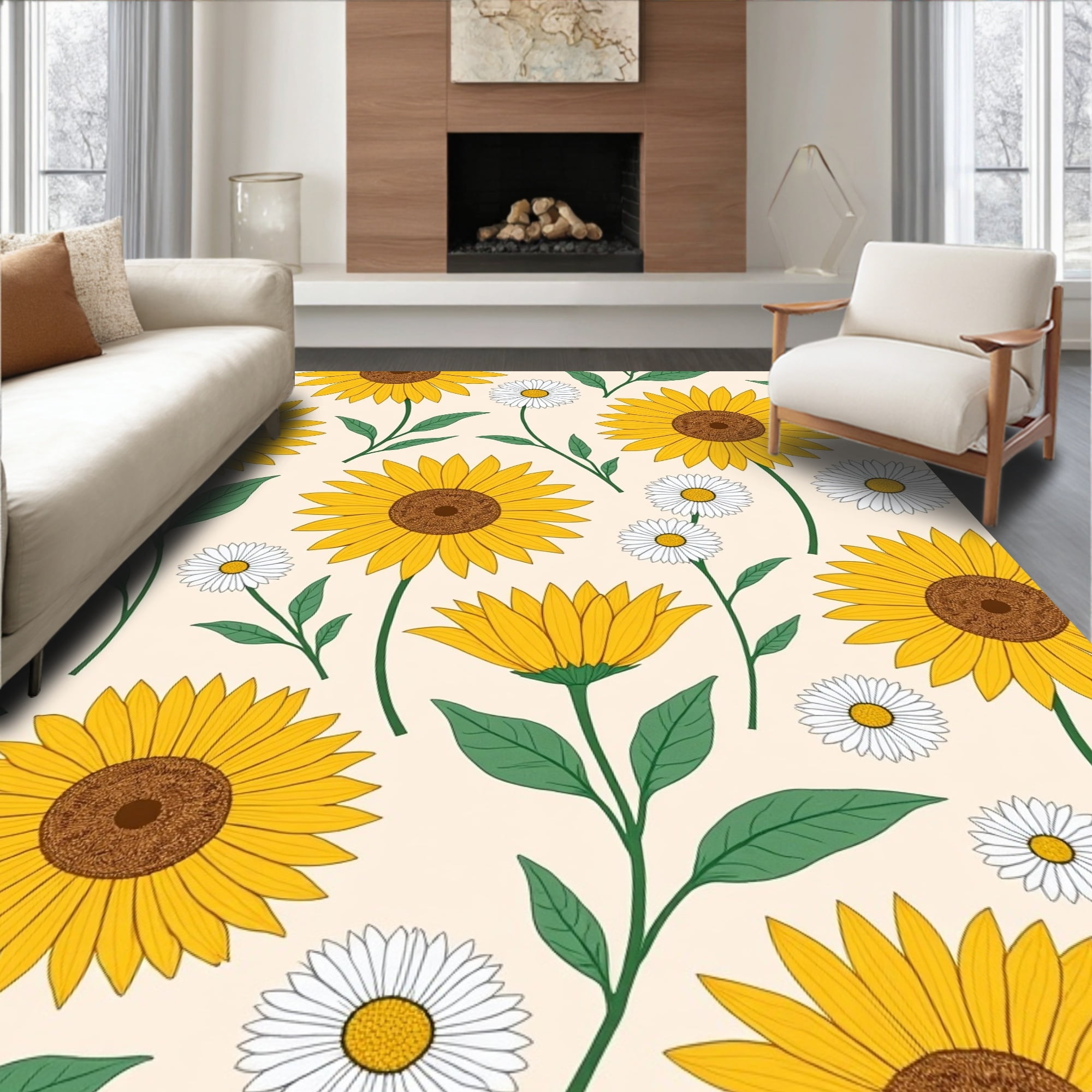 Flatwoven High Traffic Area Rug, Vibrant Sunflower Burst with Delicate ...