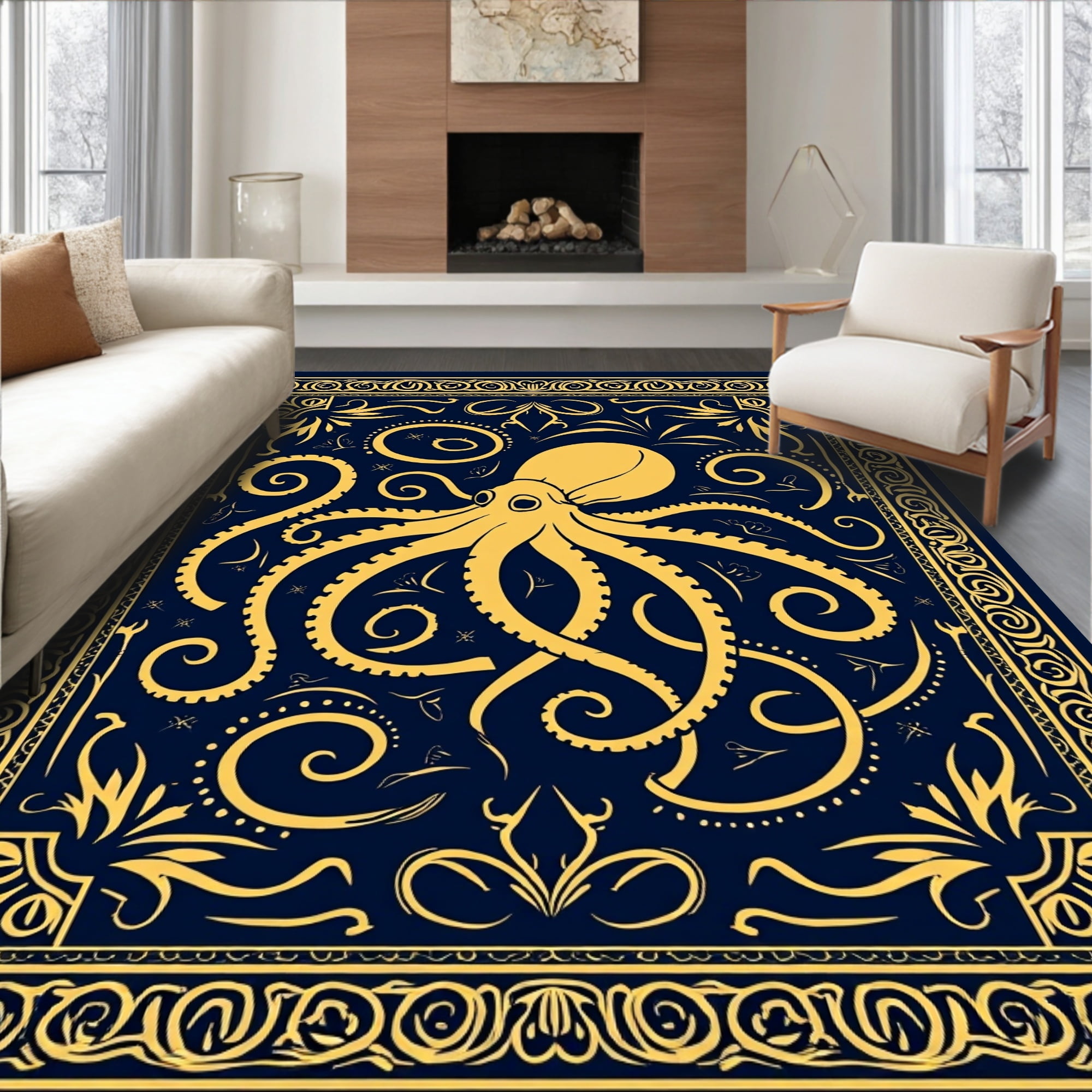 Flatwoven High Traffic Area Rug, Victorian Nautical Octopus Scrollwork ...