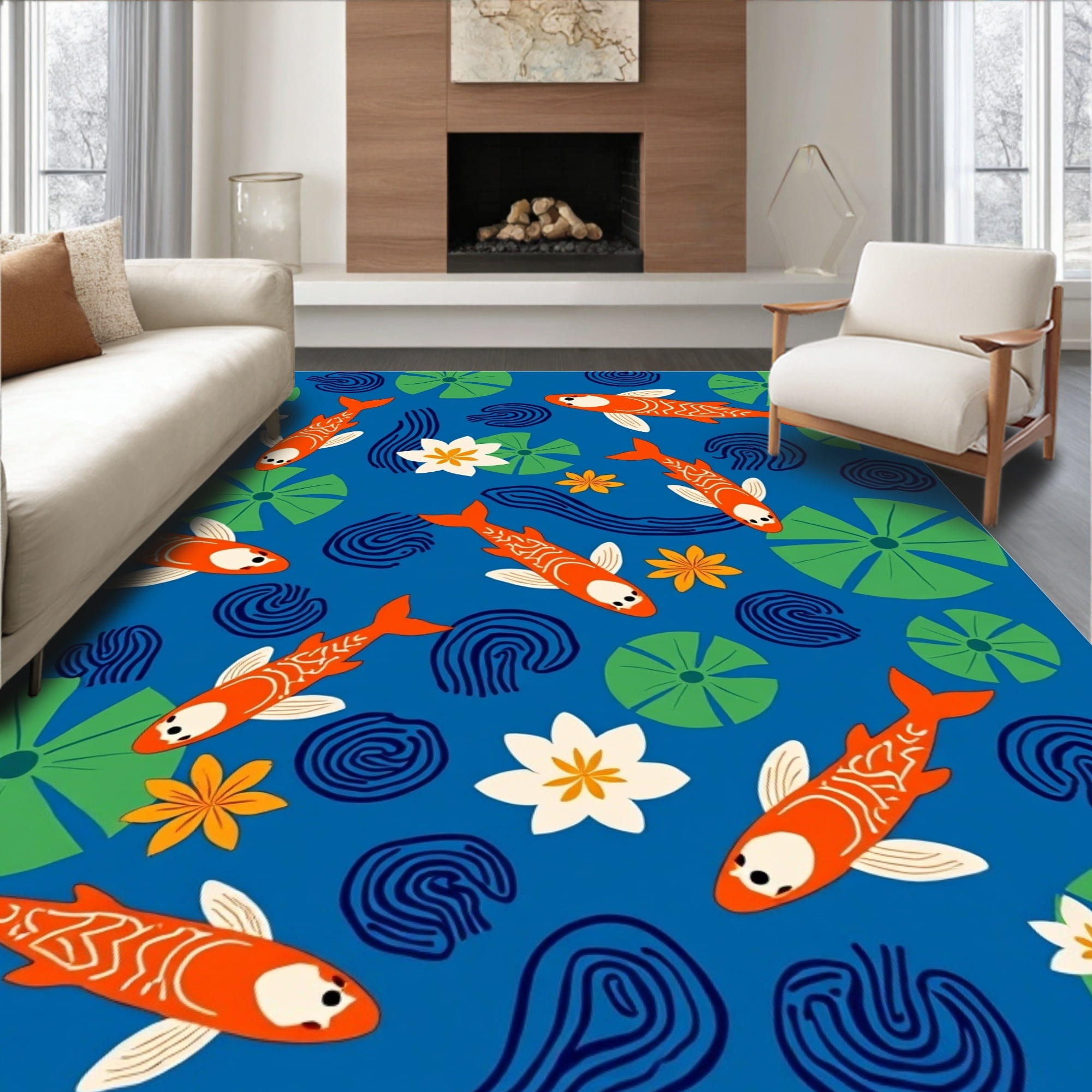 Flatwoven High Traffic Area Rug, Vintage Asian Koi Pond Aquatic Scene ...