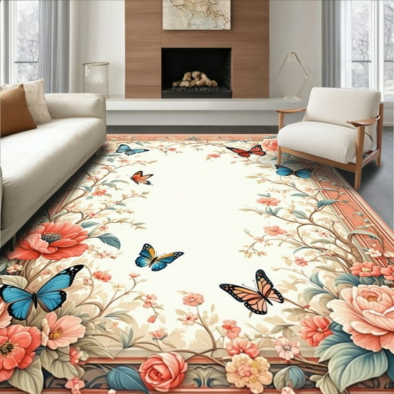 Flatwoven High Traffic Area Rug, Vintage Botanical Butterfly Ensemble ...