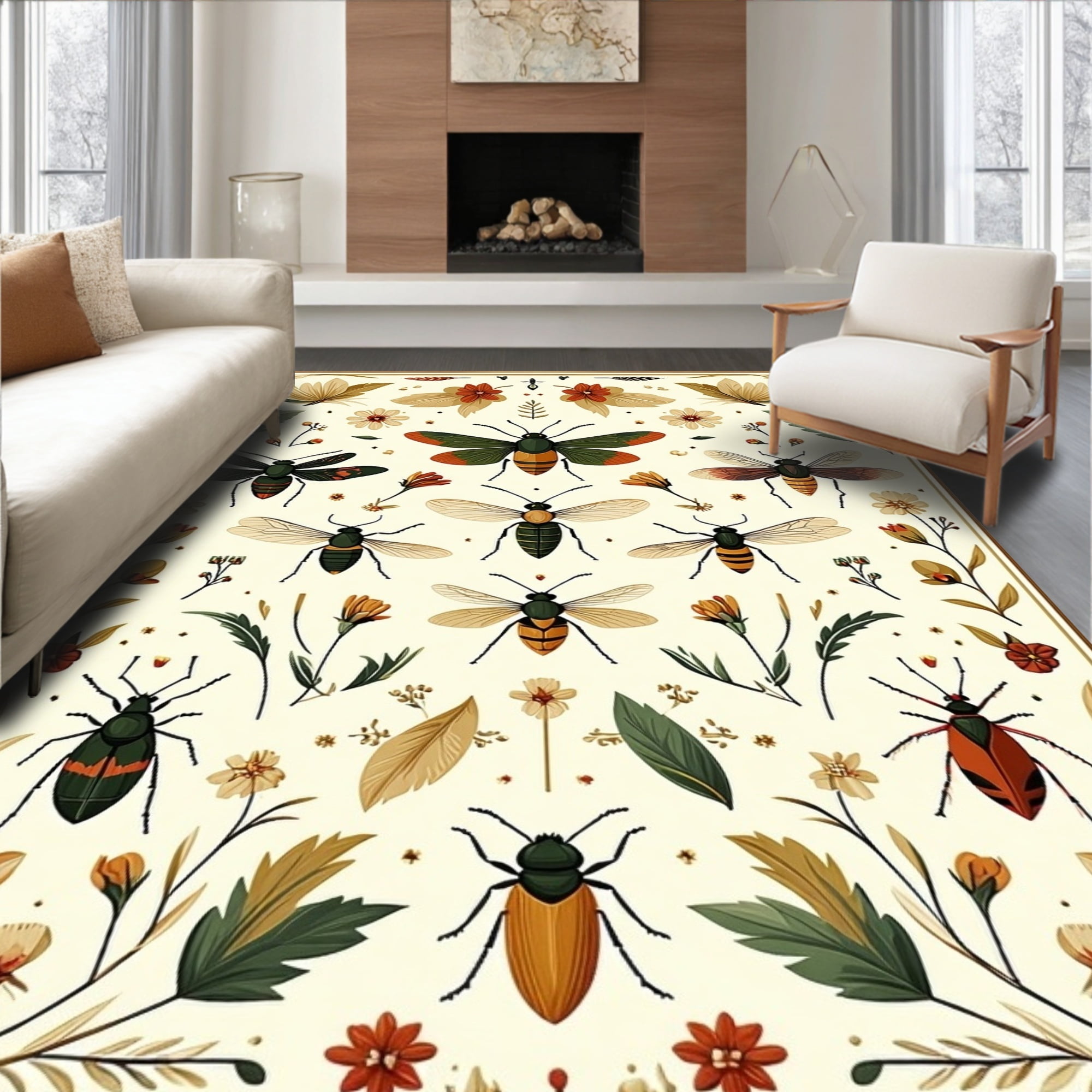 Flatwoven High Traffic Area Rug, Vintage Botanical Insect Print Low ...