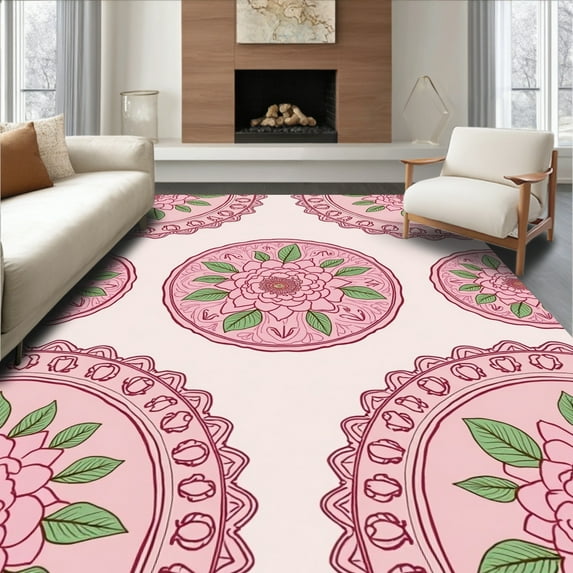Flatwoven High Traffic Area Rug, Vintage Botanical Rose Medallion Floor ...