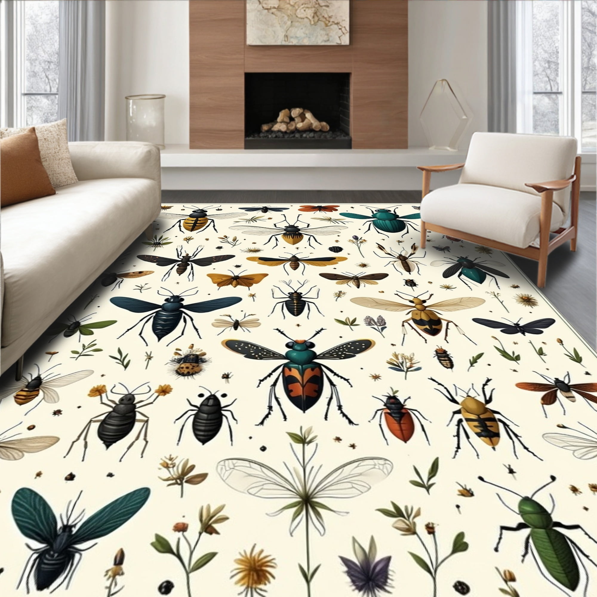 Flatwoven High Traffic Area Rug, Vintage Entomology Inspired Print with ...