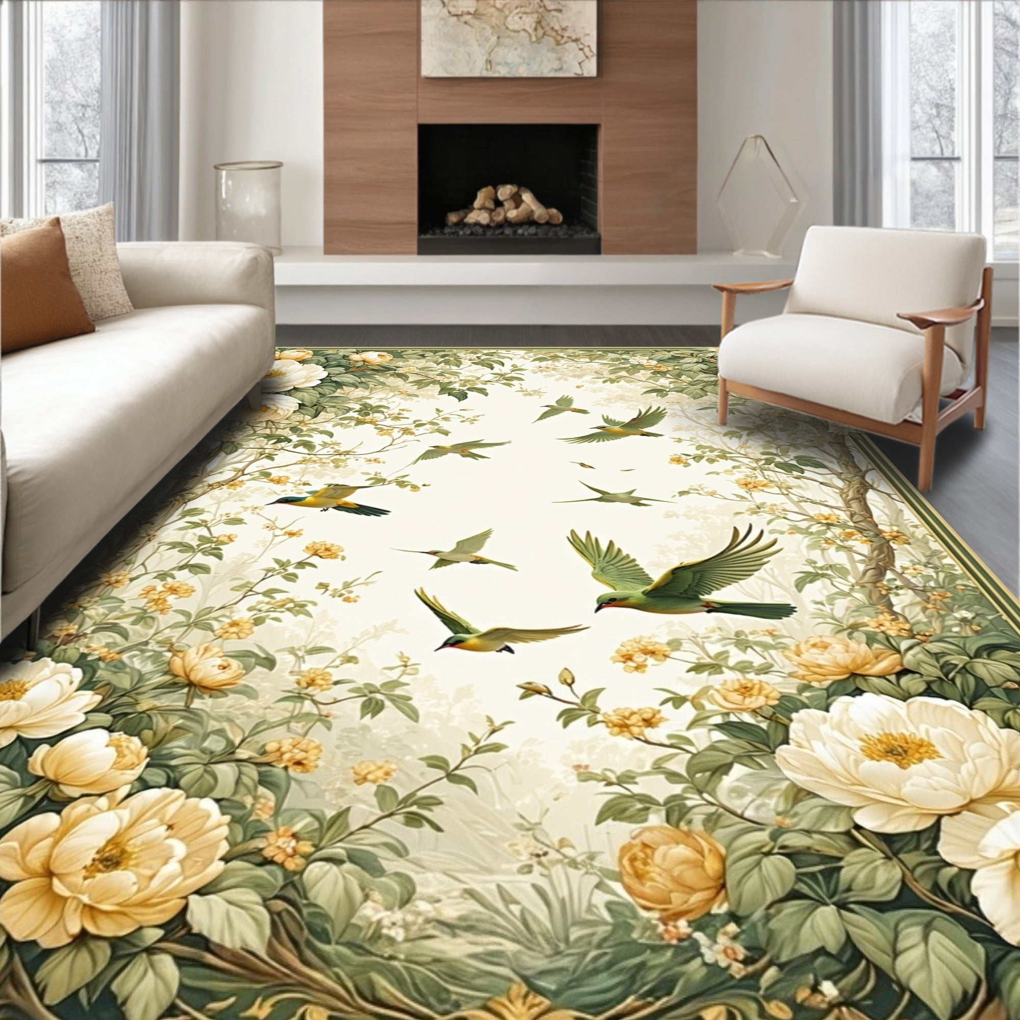 Flatwoven High Traffic Area Rug, Vintage Floral Bird Olive Green ...