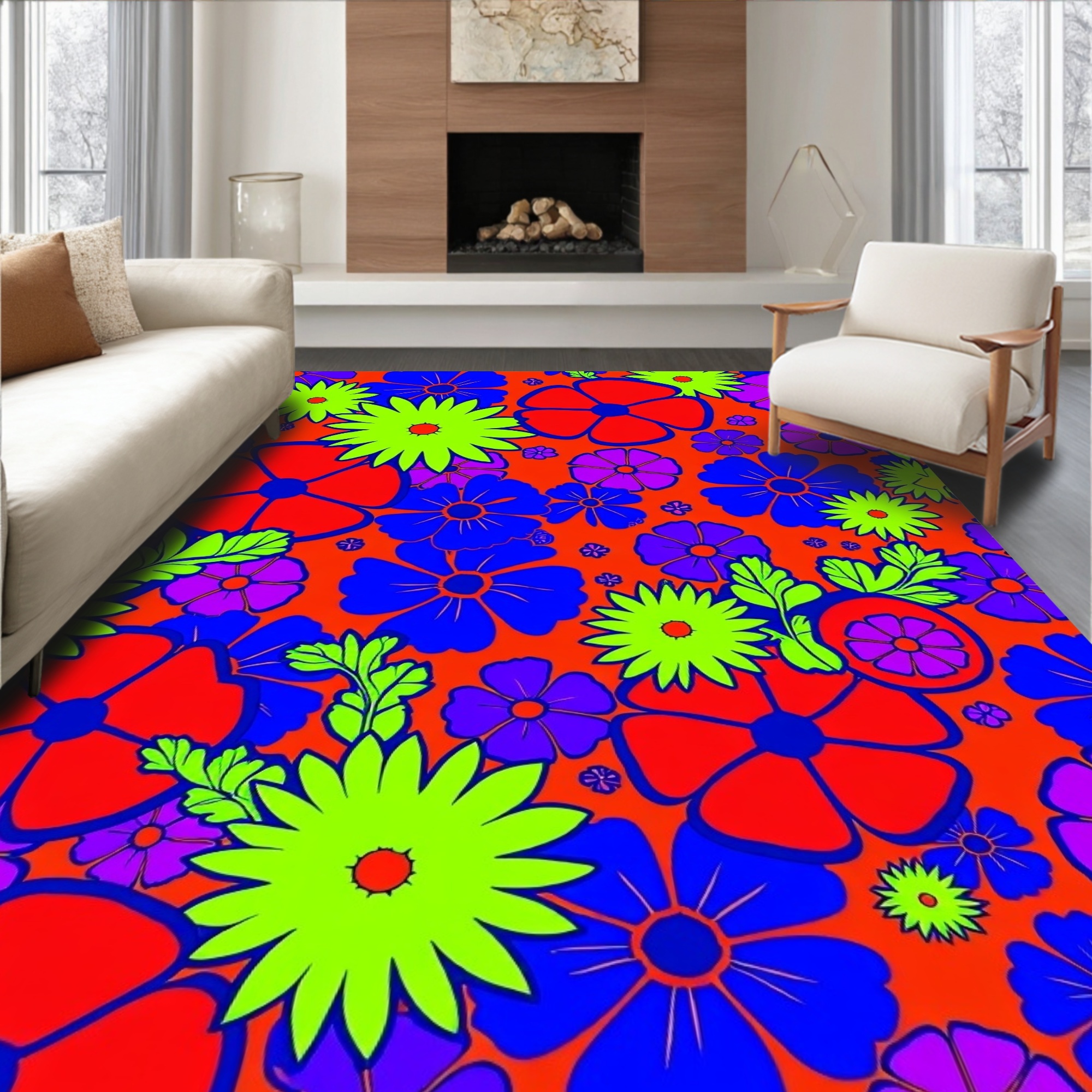 ODIKA 8'x10' Machine Washable Non-Slip Area Rug, Vintage Pop Art Floral ...