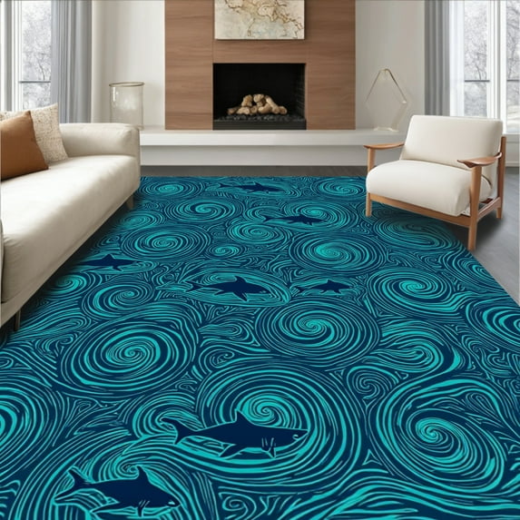 Flatwoven High Traffic Area Rug, Vivid Shark Silhouettes Amidst ...