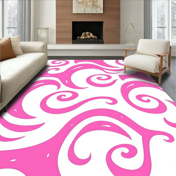 Flatwoven High Traffic Area Rug, Whimsical Abstract Swirl with Pink and ...