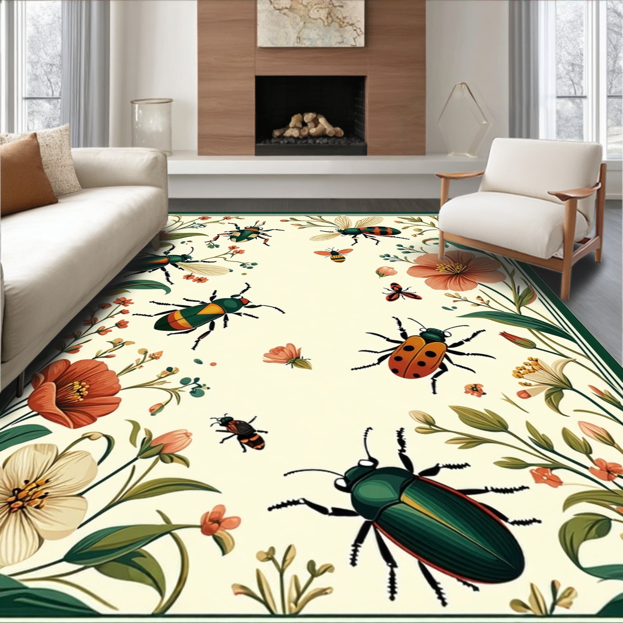 Flatwoven High Traffic Area Rug, Whimsical Beetle & Bloom Design ...