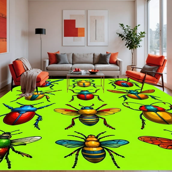 Flatwoven High Traffic Area Rug, Whimsical Beetle Collection Print With ...