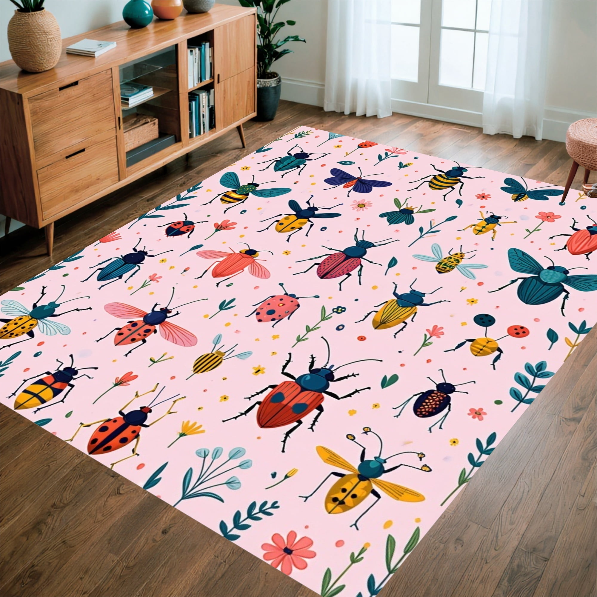 Flatwoven High Traffic Area Rug, Whimsical Beetle Parade with Stylized ...